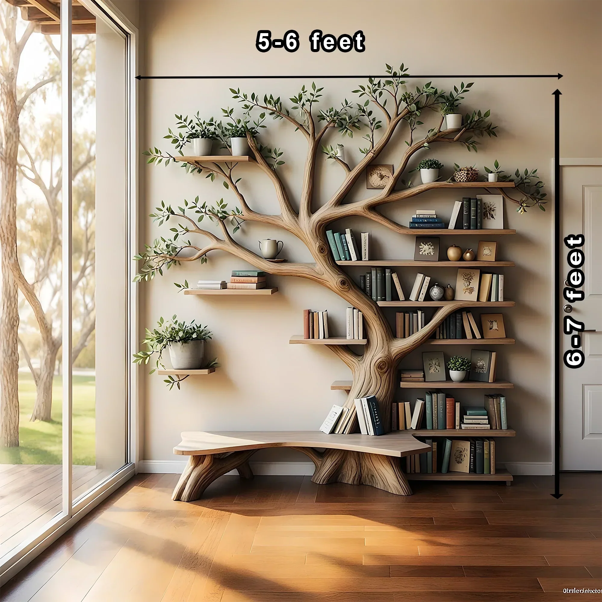 Handcrafted Tree Bookshelf with Bench – Solid Wood Shelf- Uniqueowood