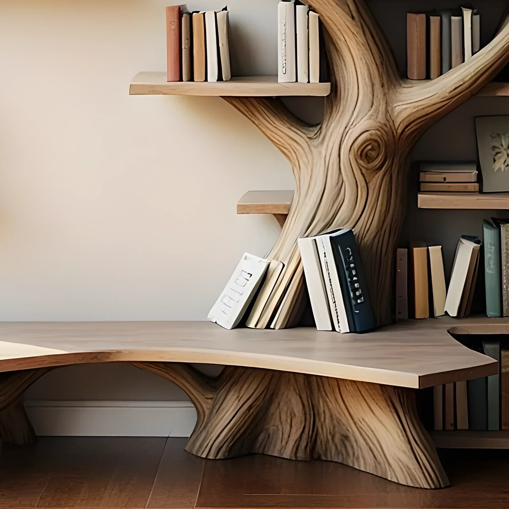 Handcrafted Tree Bookshelf with Bench – Solid Wood Shelf- Uniqueowood